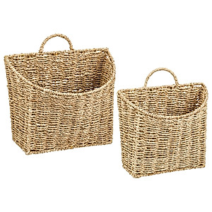 mDesign Woven Seagrass Hanging Wall Storage Basket for Flowers & Essentials, Decorative Boho Mounted Organizer for Pantry, Closet, Bathroom, and The Door - Set of 2 - Natural