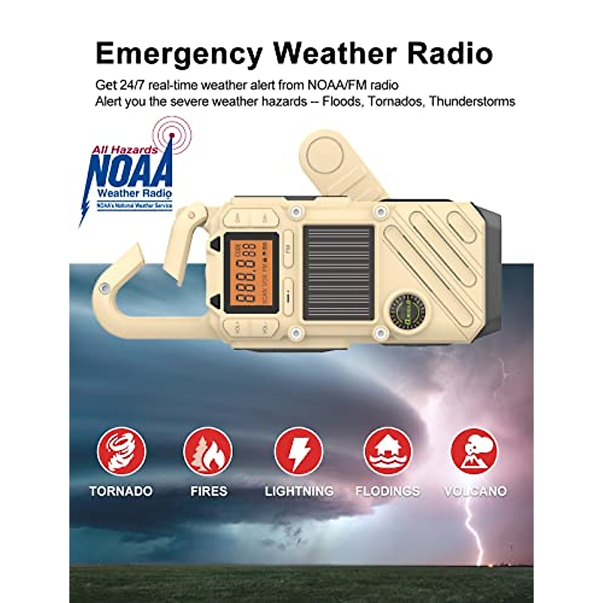 Emergency Radio, FM/NOAA Weather Radio with Walkie Talkies, Solar Powered Hand Crank Radio with LED Flashlight & SOS Alarm for Emergency, Portable Power Bank with USB Charged for Smart Phone Charger