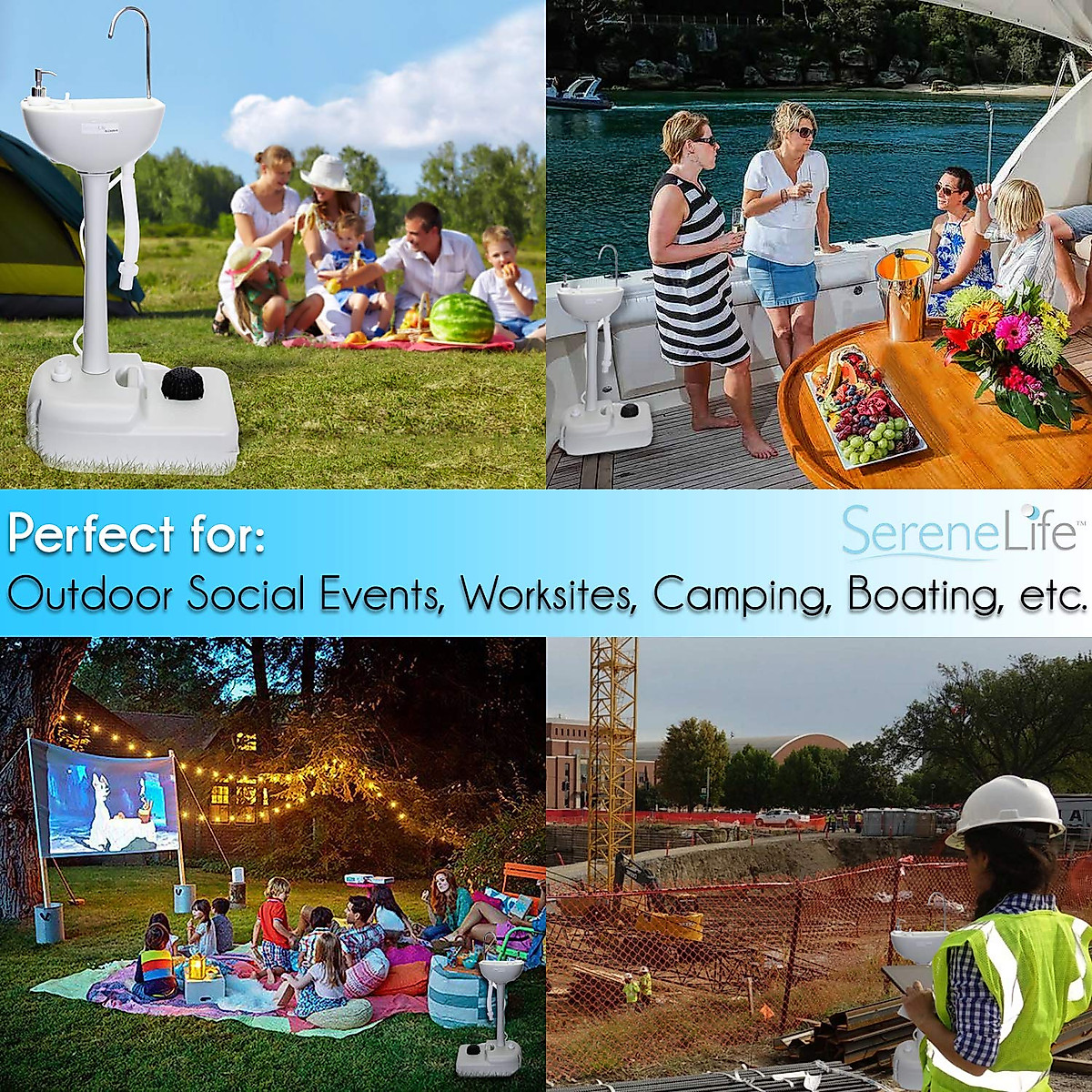 SereneLife Portable Camping Sink with 19L (5+ Gallon) Water Tank, Hands-Free Foot Pump, Soap Dispenser & Towel Holder, Compact Design with Carry Handle – Perfect for Camping, Worksites, Outdoors