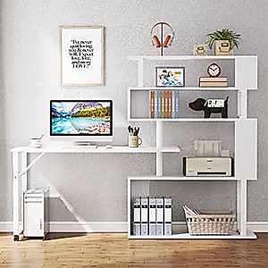 Tribesigns Rotating Computer Desk with 5 Shelves Bookshelf, Modern L-Shaped Corner Desk with Storage, Reversible Office Desk Study Table Writing Desk on Wheels for Home Office (White)