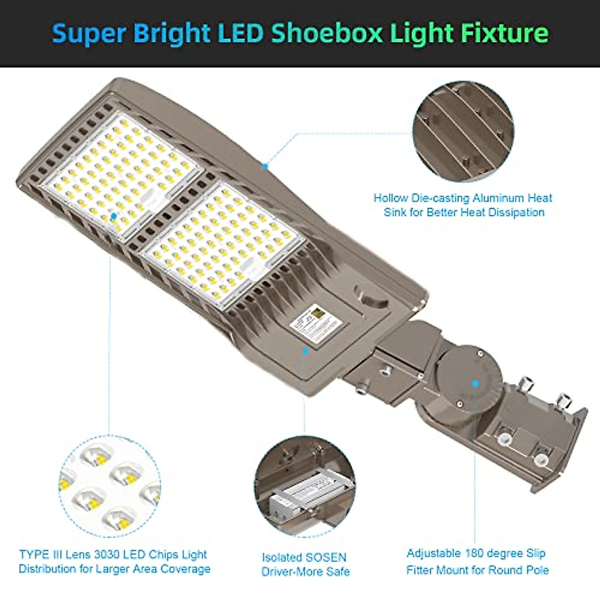 NUOGUAN 320W LED Parking Lot Lights 44800LM UL DLC Listed 5000K LED Shoebox Light Pole Lights Slip Fitter AC100-277V IP65 Waterproof Outdoor Commercial Area Lighting for Driveway Roadway