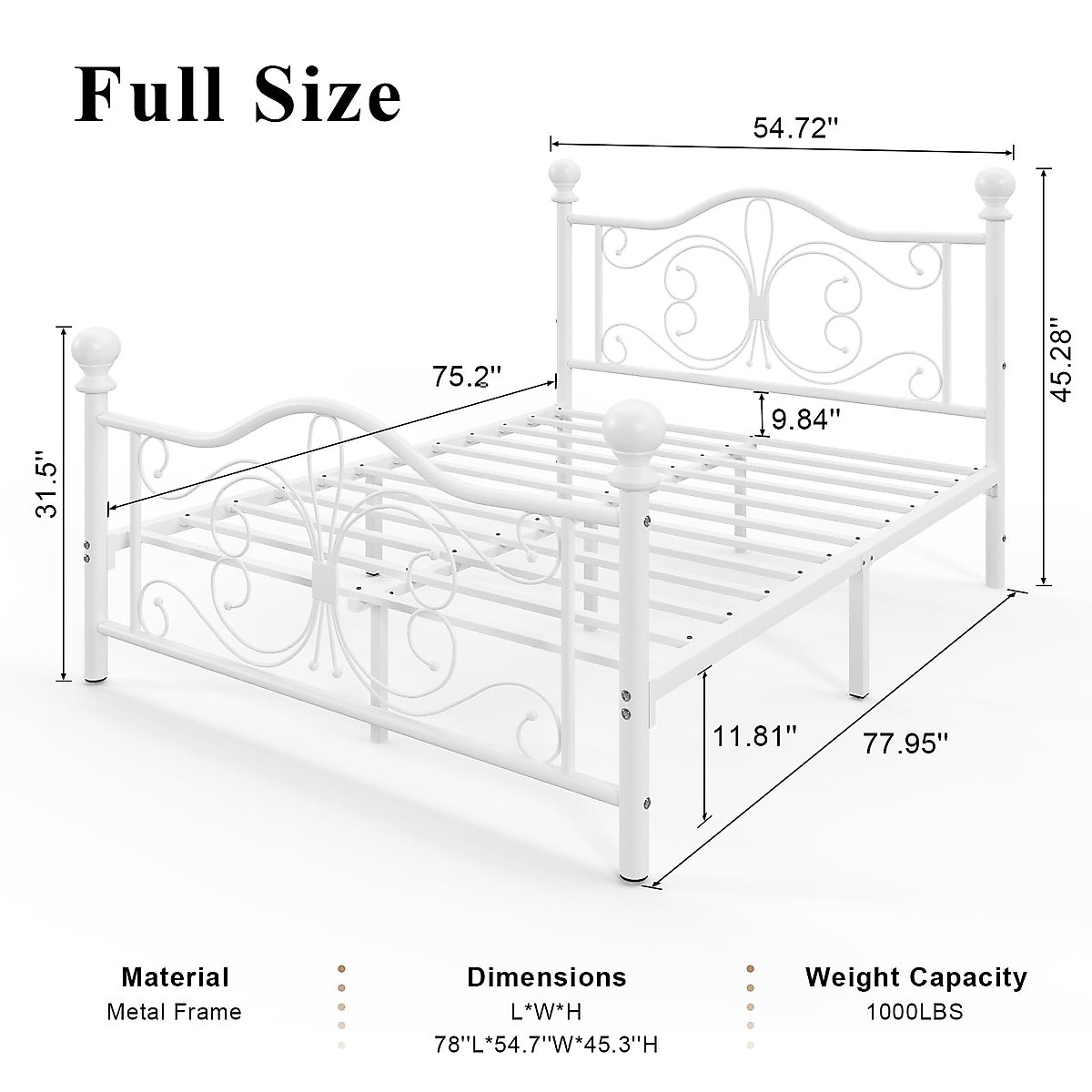 LoVinson Full Size Bed Frame，Metal Platform Bed Frame with Headboard, Butterfly Pattern Design Headboard & Footboard, Strong Metal Slat Support, Easy Assemble, No Box Spring Needed, Noise Free, White