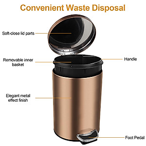 DAMGOLOZA Stainless Steel Step Trash Can - 2.1 Gallon with Soft-Close Lid - Hands-Free Foot Pedal Bin for Kitchen and Bathroom - Gold