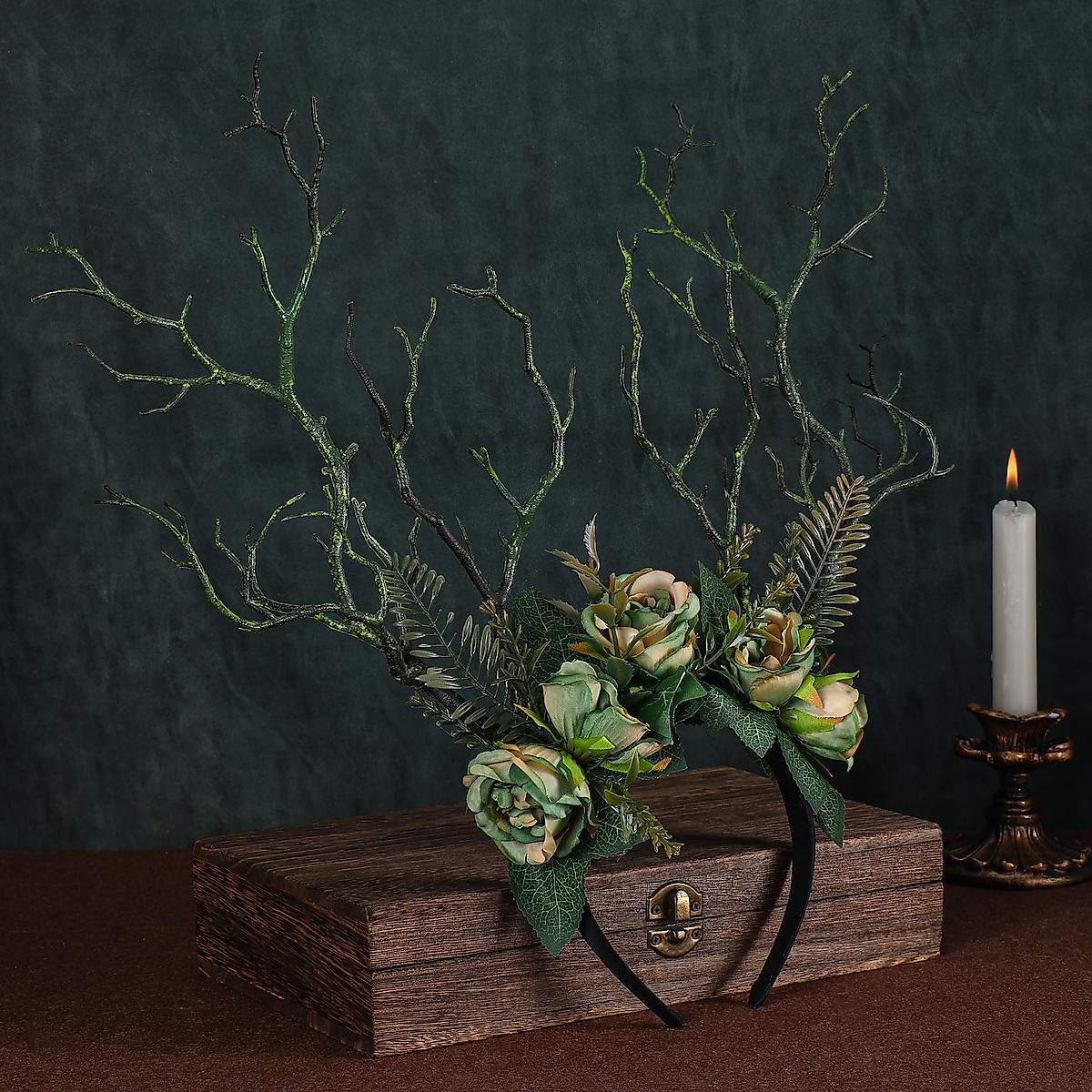 MOSTORY Handmade Green Branch Crown Woodland Flower Headband Forest Antler Headpiece Floral Fairy Hairband for Women Girls Renfaire Elf Cosplay Halloween Party
