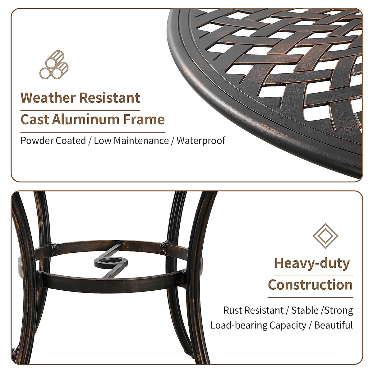 PATIO-IN 48" Patio Table Outdoor Dining Table Round Patio Bistro Table Cast Aluminum Bistro Table with Umbrella Hole,Patio Dining Table Outdoor Furniture Garden Table for 4-6 People,Bronze