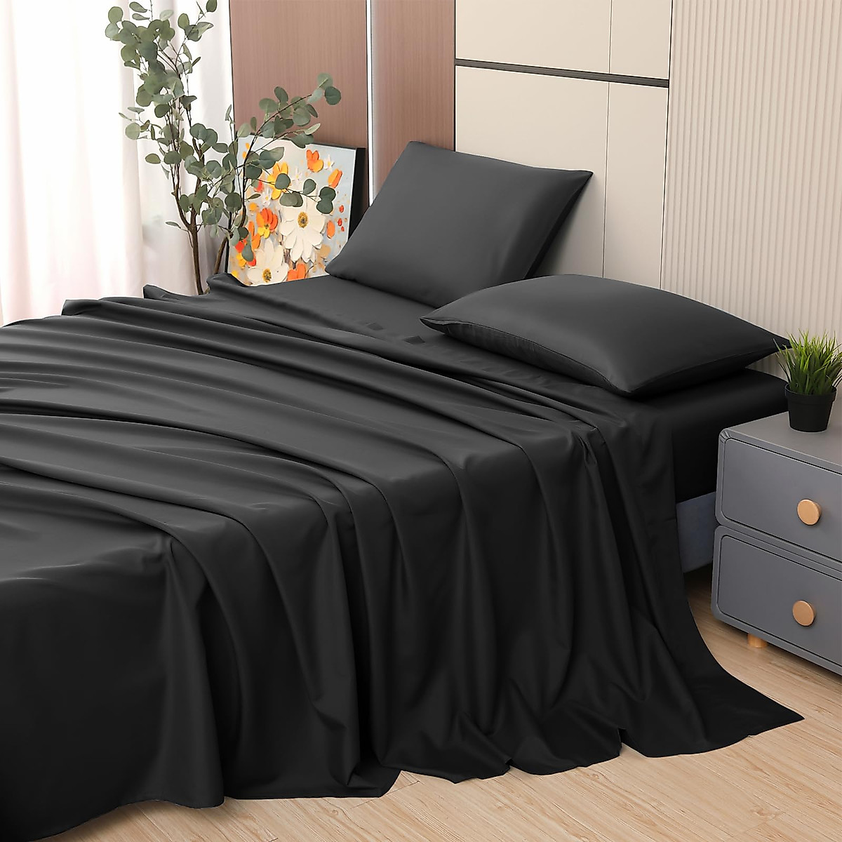 Toodou Soft Brushed Microfiber Black Twin Size Fitted Sheet-Comfortable and Durable Fitted Sheets-The Mattress Covers Made of Premium Fabric Which Have Great Breathability