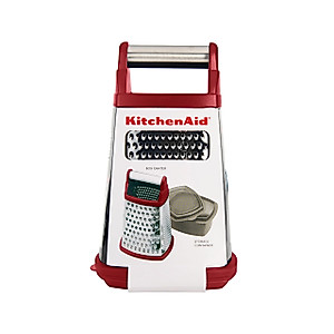 KitchenAid Gourmet 4-Sided Stainless Steel Box Grater for Fine, Medium and Coarse Grate, and Slicing, Detachable 3 Cup Storage Container and Measurment Markings, Dishwasher Safe, 10 inch, Red