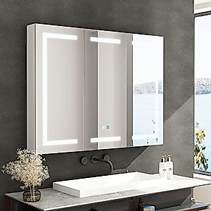 ECACAD LED Lighted Bathroom Medicine Cabinet with Mirror & Shelves, Wall Mounted Bathroom Mirror Cabinet with 3 Doors, Defogger， Adjustable Light Color & Brightness, White