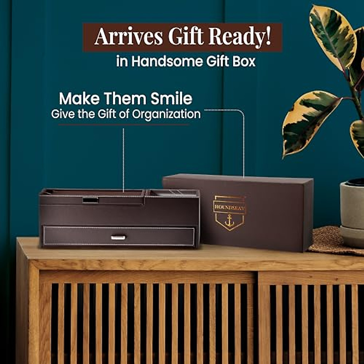 HOUNDSBAY Valet Tray and Nightstand Organizer - Hand Crafted EDC Tray with Phone Area, Cable Cutaway, Drawer – Durable, Scratch Resistant Materials - Compact Footprint with Ample Storage - Valet Box