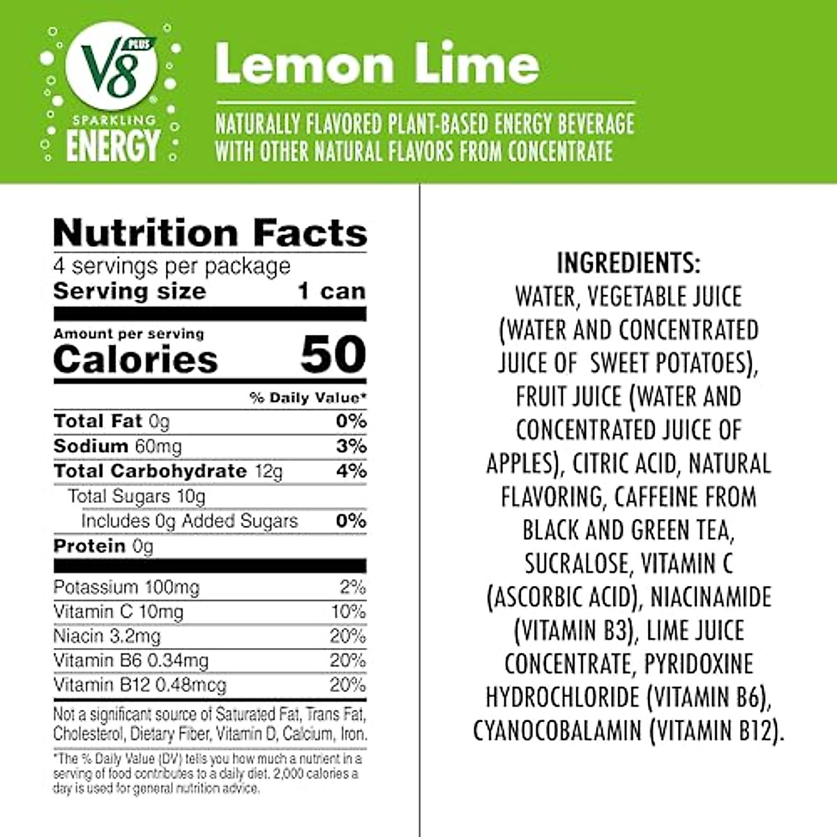 V8 +Energy Sparkling Lemon Lime Juice Energy Drink, 11.5 fl oz Can (4 Pack)