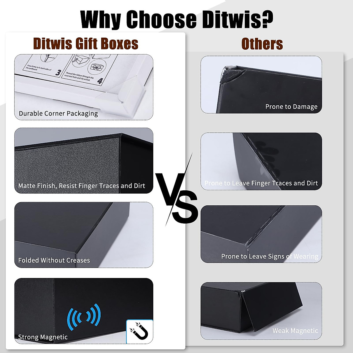 Ditwis 4 Pack 11x8x3.5 Inches Gift Boxes with Magnetic Closure Lids, Black Magnetic Box for Wedding, Groomsmen Bridesmaid Proposal, Birthdays, Mother's Day