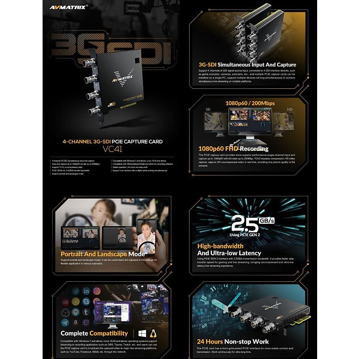 AVMATRIX VC41 4-CH 3G-SDI PCIE simultaneous Input and Capture Card PCIE GEN2×4, 2.5GB/S Transfer Bandwidth Support Portrait and Landscape Mode