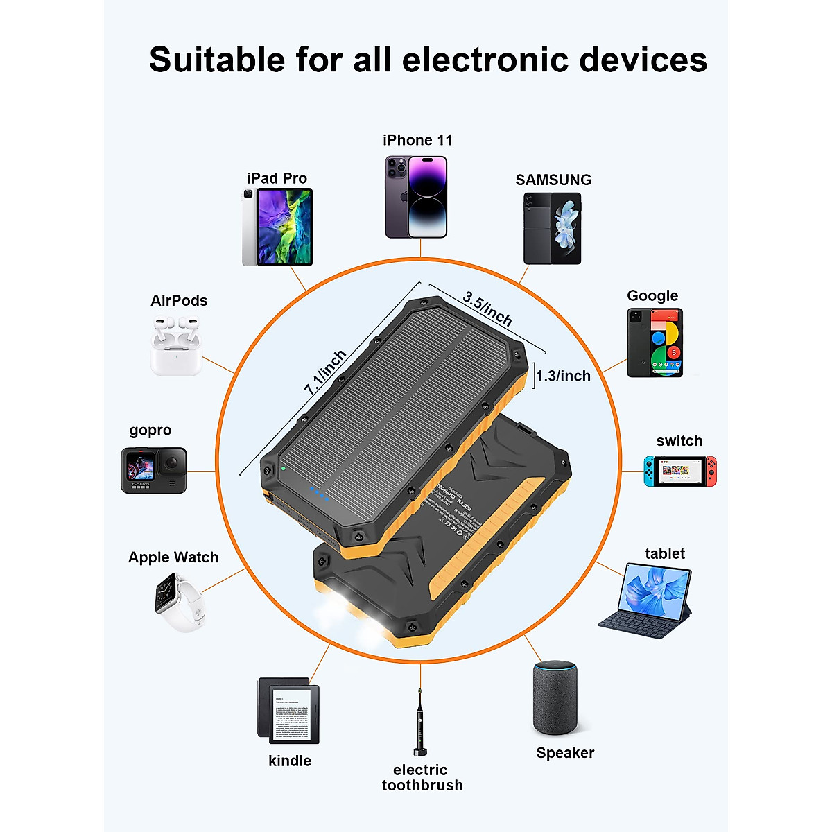 Solar-Power-Bank-Portable-Charger-42800mAh Solar Phone Charger with 4 USB Ports/LED Flashlight Fast Charge USB C External Backup Battery Pack Compatible with iPhone Tablet, for Outdoor, Camping