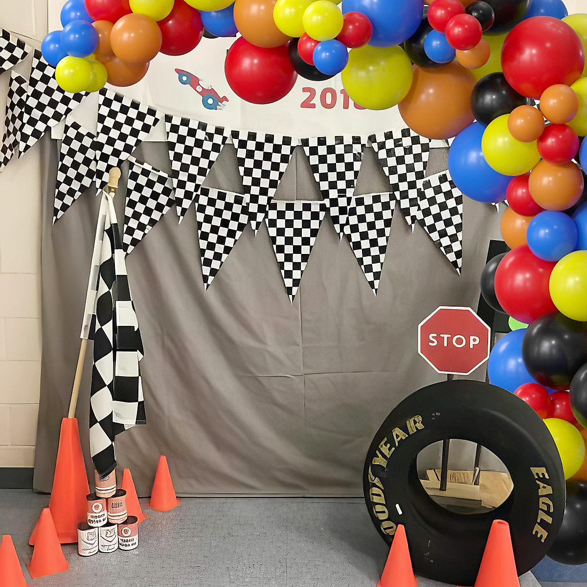 HYOWCHI Race Car Birthday Party Supplies - 153 Pcs Car Wheels Birthday Balloon Garland Arch Kit, Red Yellow Blue Black Checkered Foil Balloon Arch For Racing Car Monster Party Decorations