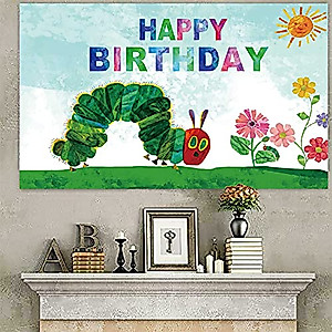 Cartoon Very Hungry Little Green Caterpillar Happy Birthday Banner Backdrop Insects Theme Decor for 1st Birthday Party Baby Shower Photo Studio Booth Props Background Supplies Favors Decorations