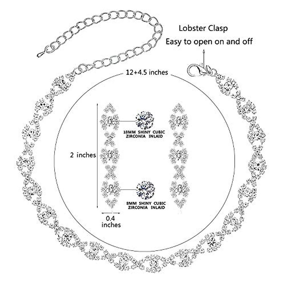 Miraculous Garden 3 Pack Silver Plating Rhinestone Crystal Choker Necklace Link Bracelet Dangle Earrings Jewelry Sets for Women Girls