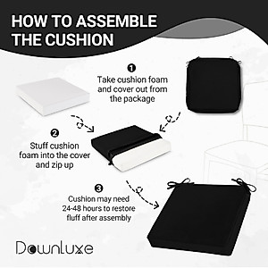 downluxe Waterproof Outdoor Chair Cushions Set of 2, 19" x 19" x 3" Patio Chair Cushion with Non-Slip Ties & Handle, Square Outdoor Cushion for Patio Furniture with Removable Cover, Black