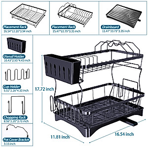 Johamoo Dish Drying Rack with Drainboard, 2 Tier Dish Rack for Kitchen Counter, Large Capacity Dish Drainer Set with Utensils Holder, Black