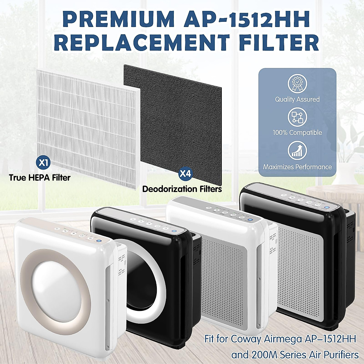 True HEPA AP-1512HH Replacement Filter Set for Coway Airmega AP-1512HH and 200M Series Air Cleaner Purifiers, AP-1512HH-FP, AP-1518R, AP-1519P, 1 True HEPA Filter and 4 Carbon Filters, Part # 3304899