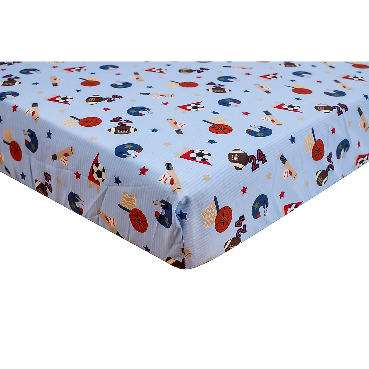 CribMATE 3 PCs Blue Sport Nursery Crib Bedding Set Baby Boy Sports Theme Cot Bedding Set 1 Quilt 1 Fitted Sheet 1 Skirt, Blue , Red , Brown, 28 X 52