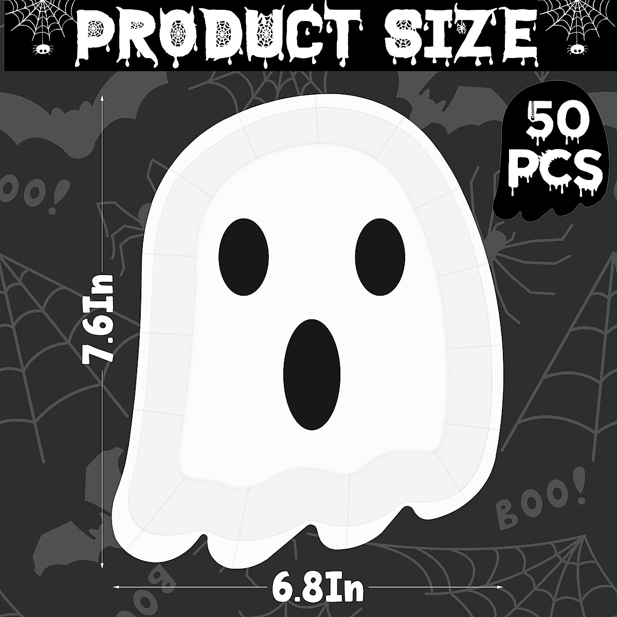 QZYL 50 PCS Halloween Plates, 7.6'' X 6.8'' Ghost Plates, Disposable Halloween Paper Plates with Ghost Design, White Halloween Party Plates for Halloween Decorations Party Supplies Decor Ghost Decor