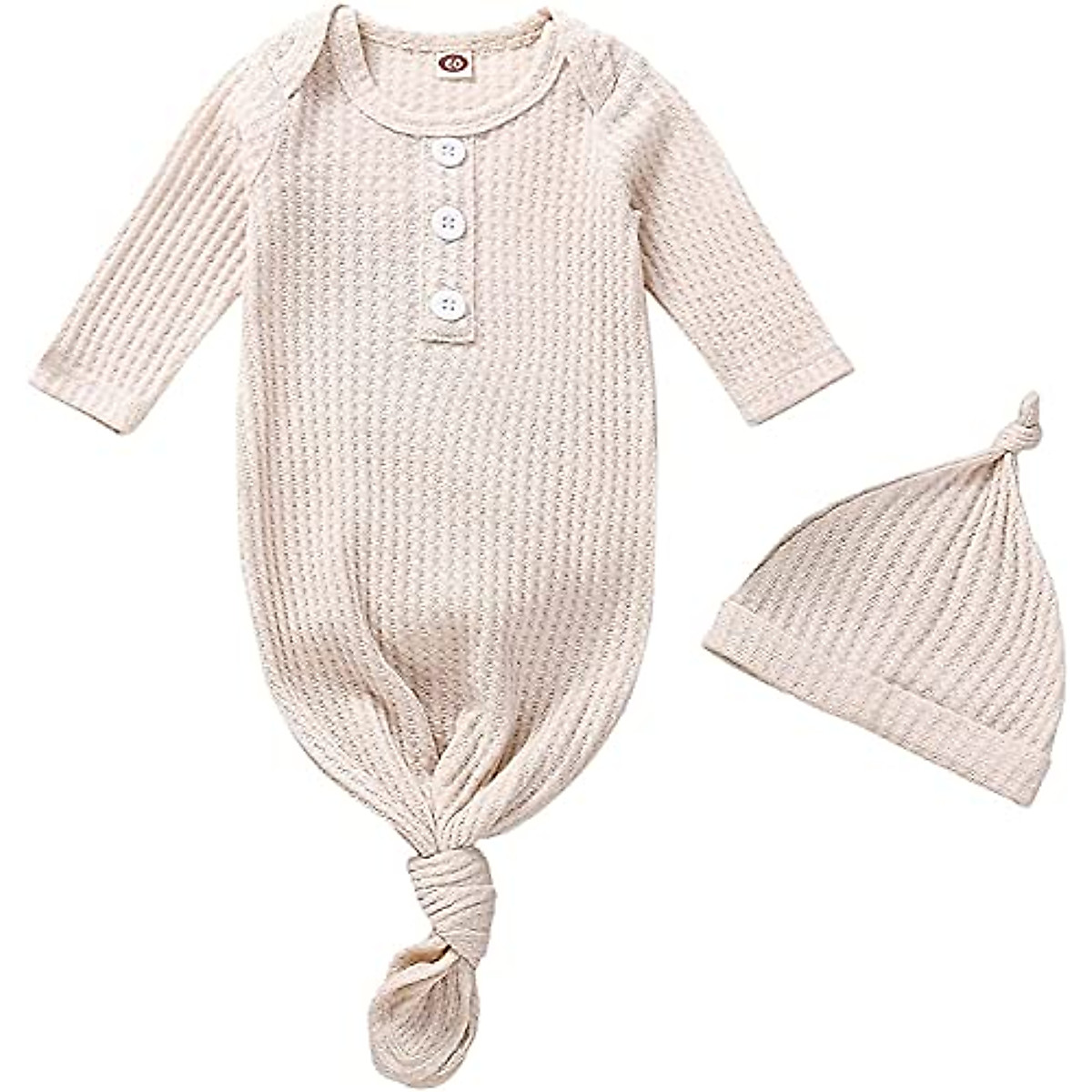 Twopumpkin Baby Girl Boy Coming Home Knotted Gown Unisex Newborn Infant Sleep Onesie Outfit Cute Baby Winter Pajamas (A Waffle Knit Cream,0-3 Months)
