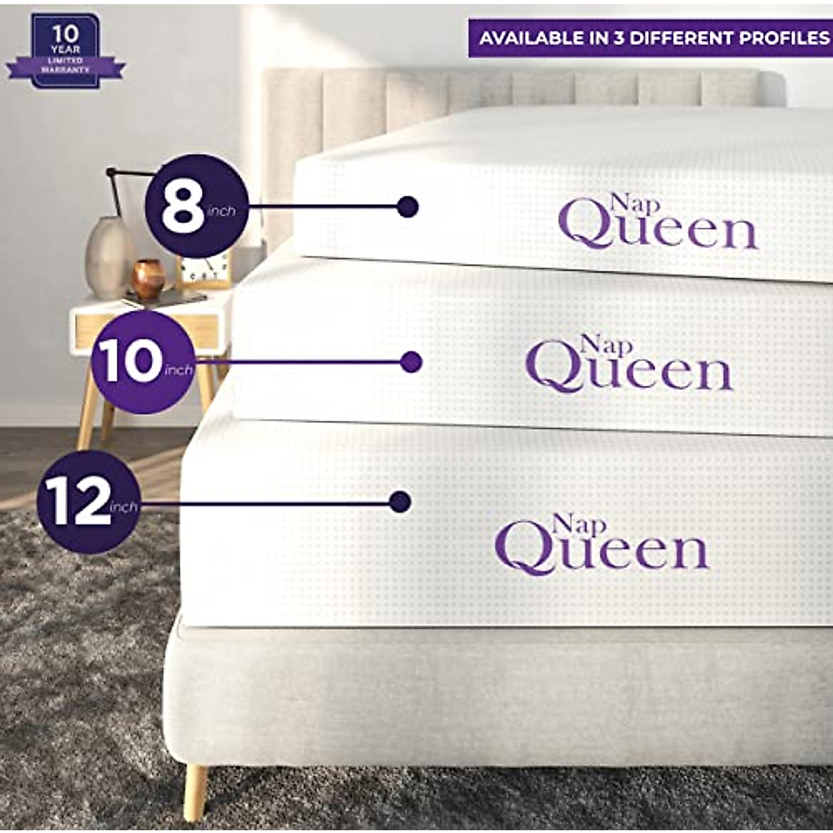 NapQueen 8 Inch Bamboo Charcoal Queen Size Medium Firm Memory Foam Mattress, Bed in a Box