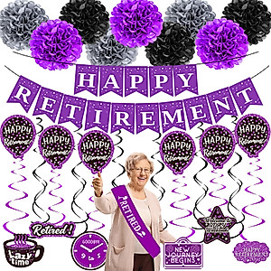 Retirement Decorations Women Purple Happy Retirement Party Decorations Female (52pack) Happy Retirement Banner Gifts, Retirement Decor Double-Sided Pattern Card, Pompoms Hanging Swirl Retired Sash Set