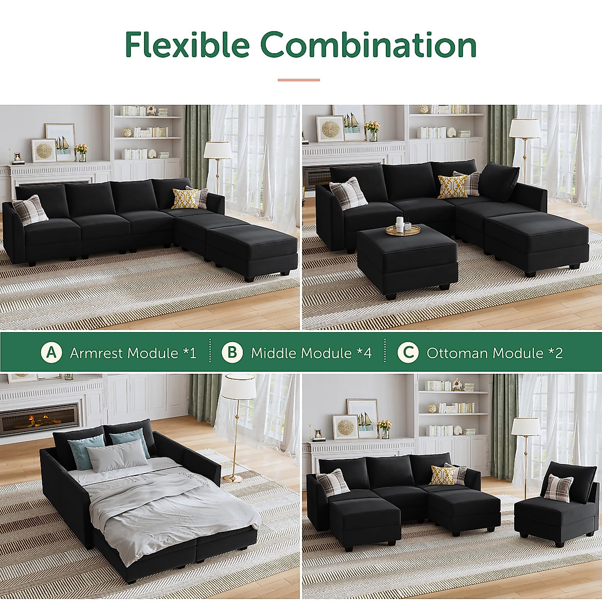 HONBAY Modular Sectional Sofa Convertible U Shaped Couch with Reversible Chaise Velvet Modular Sofa Sectional Couch with Storage Ottoman, Black