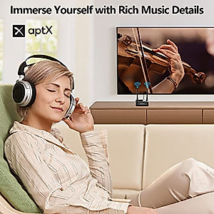 1Mii B06TX+ Long Range Bluetooth 5.0 Transmitter for TV/PC/Projector to 2 Wireless Headphones/Speakers, Bluetooth Adapter for TV w/Screen Display Plug n Play, aptX Low Latency & HD Audio