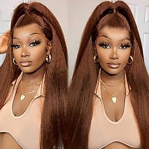 NOSTALGIA 32 Inch Copper Brown Kinky Straight Wig - Natural Kinky Wig for Black Women - Yaki Straight Hair Wig - Synthetic Middle Part Wigs - Daily Party Wig