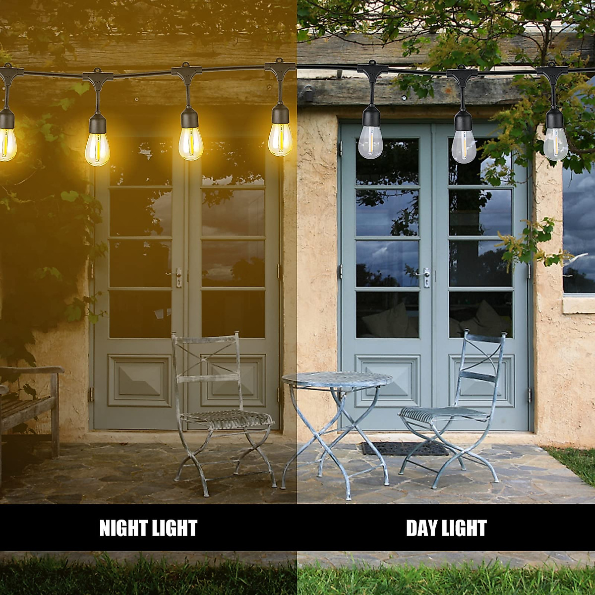 JOYSTA Outdoor String Lights - Waterproof Patio Light String 48FT with 15 Hanging Sockets IP65 Weatherproof Yard Lights 1w S14 Bulbs Lighting for Party Bistro Backyard Garden Cafe