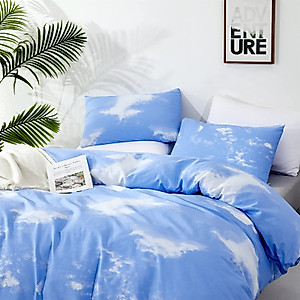 CLOTHKNOW Blue Cloud Full Comforter Set 3Pcs Blue White Bedding Comforter Sets Sky Comforter Soft Light Blue Full Size Comforter Sets