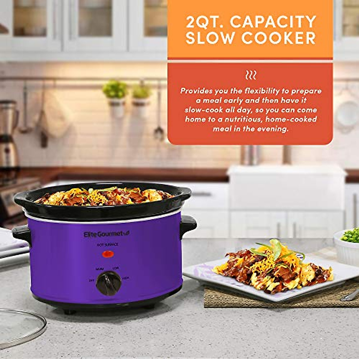 Elite Gourmet MST-275XP# Electric Oval Slow Cooker, Adjustable Temp, Entrees, Sauces, Stews & Dips, Dishwasher Safe Glass Lid & Crock (2 Quart, Purple)