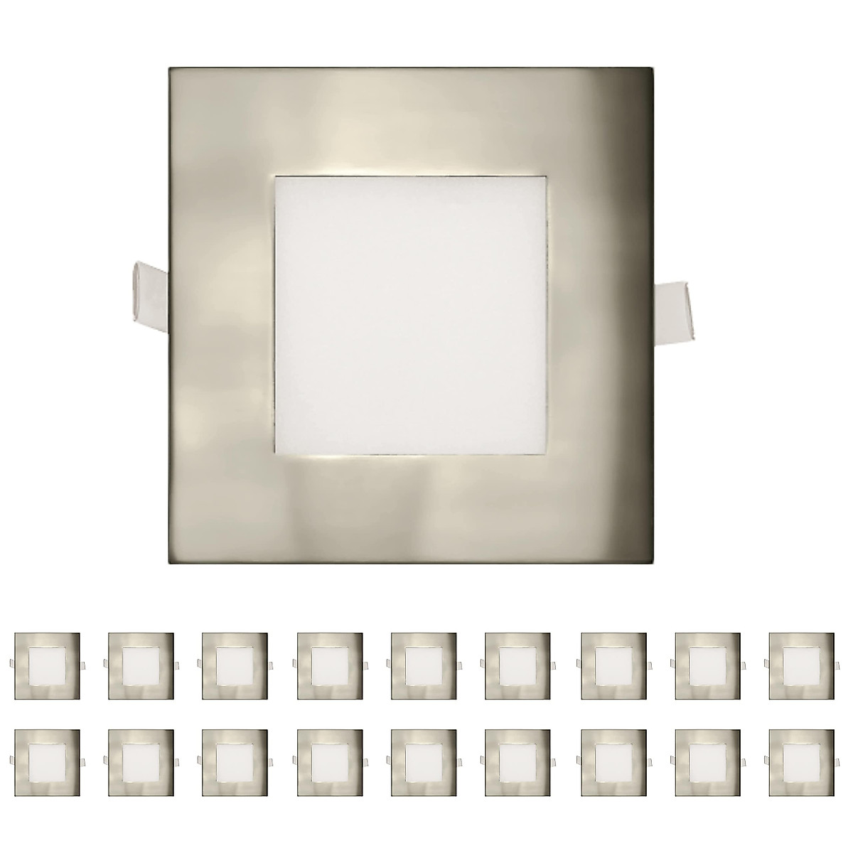 Perlglow 18 Pack 5 inch Slim Ultra-Thin Square Downlight Luminaire, Brushed Nickel, LED Recessed Light Fixtures Dimmable 15W=100W, 1100 Lumens, IC Rated, 5CCT Selectable 2700K|3000K|3500K|4100K|5000K
