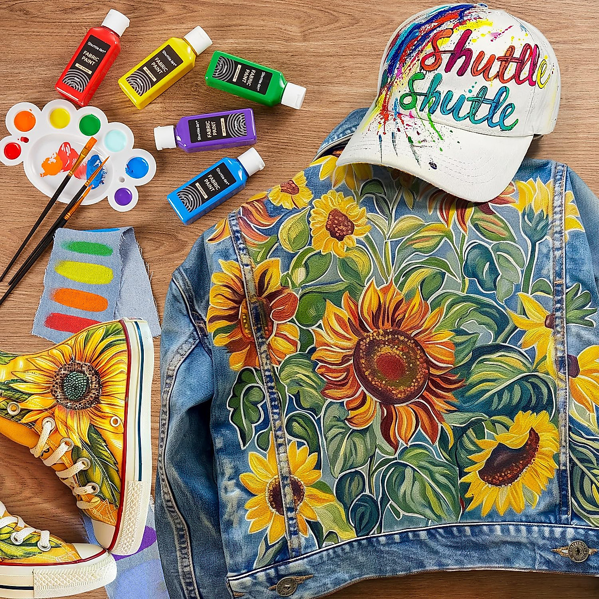 Fabric Paint, Shuttle Art 18 Colors Permanent Soft Fabric Paint in Bottles (60ml/2oz) with Brushes, Palette, Stencils, Non-Toxic Textile Paint for T-shirts, Shoes, Jeans, Bags, DIY Projects&Art Crafts