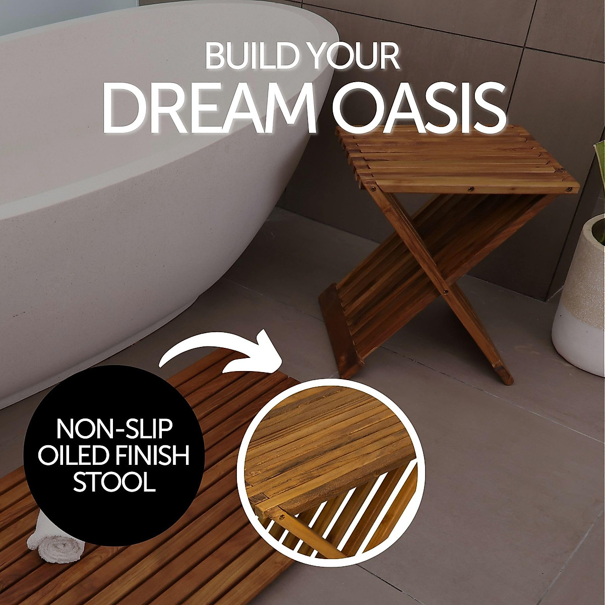 Nordic Style Assembled Bathroom, Spa Teak Wood Folding Stool and Seat 17.7" (Oiled)