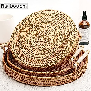 Dicunoy 3 Pack Rattan Basket Tray, Round Wicker Serving Baskets with Handles for Bread, Coffee Table, Decorative Woven Serving Tray for Vegetable, Snack (10", 9", 8")