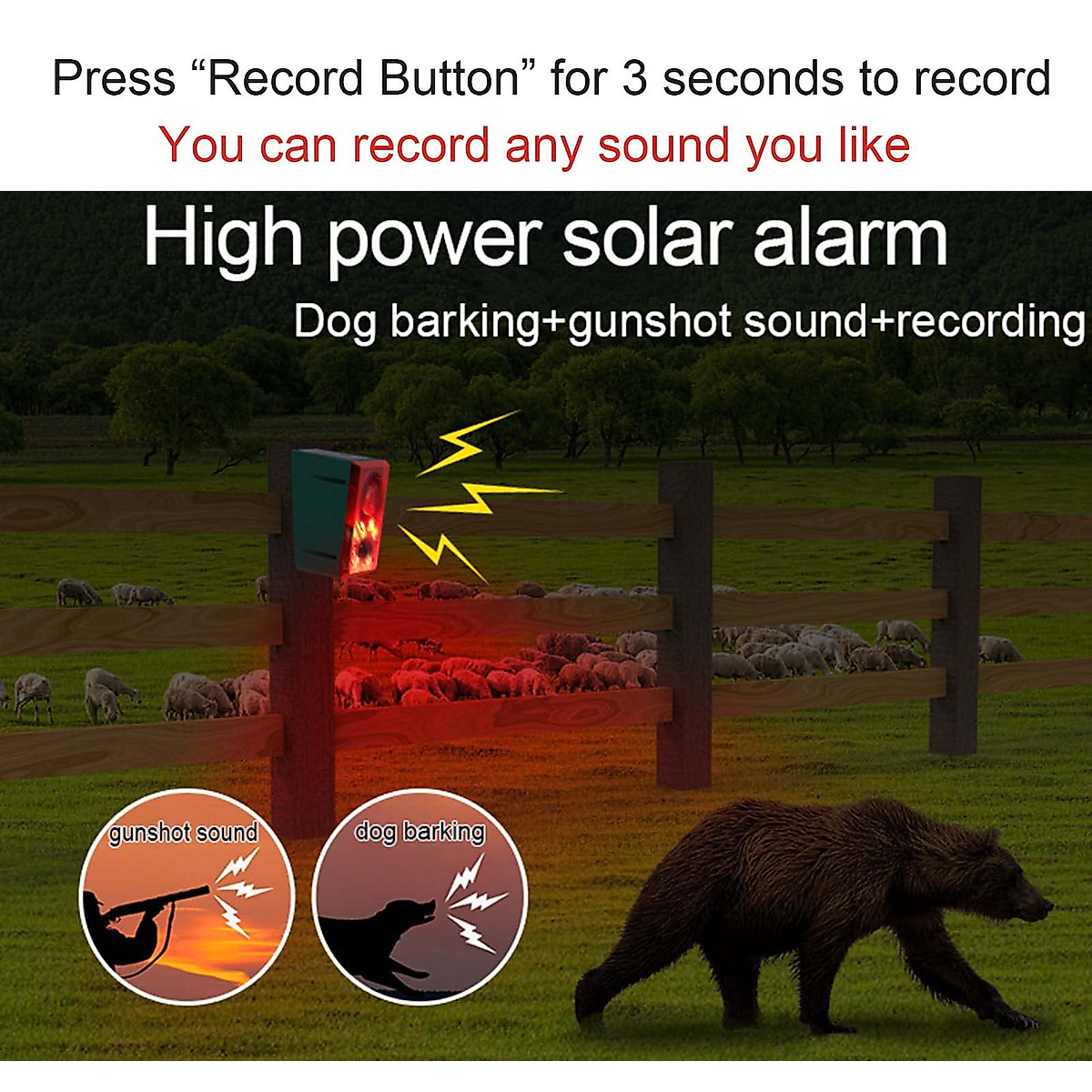 LAFEINA Solar Sound & Strobe Light Alarm Motion Detector, Gunshot & Dog Barking & Recording, Record 20S Custom Message Siren Security Alert System for Farm Barn Villa (1)