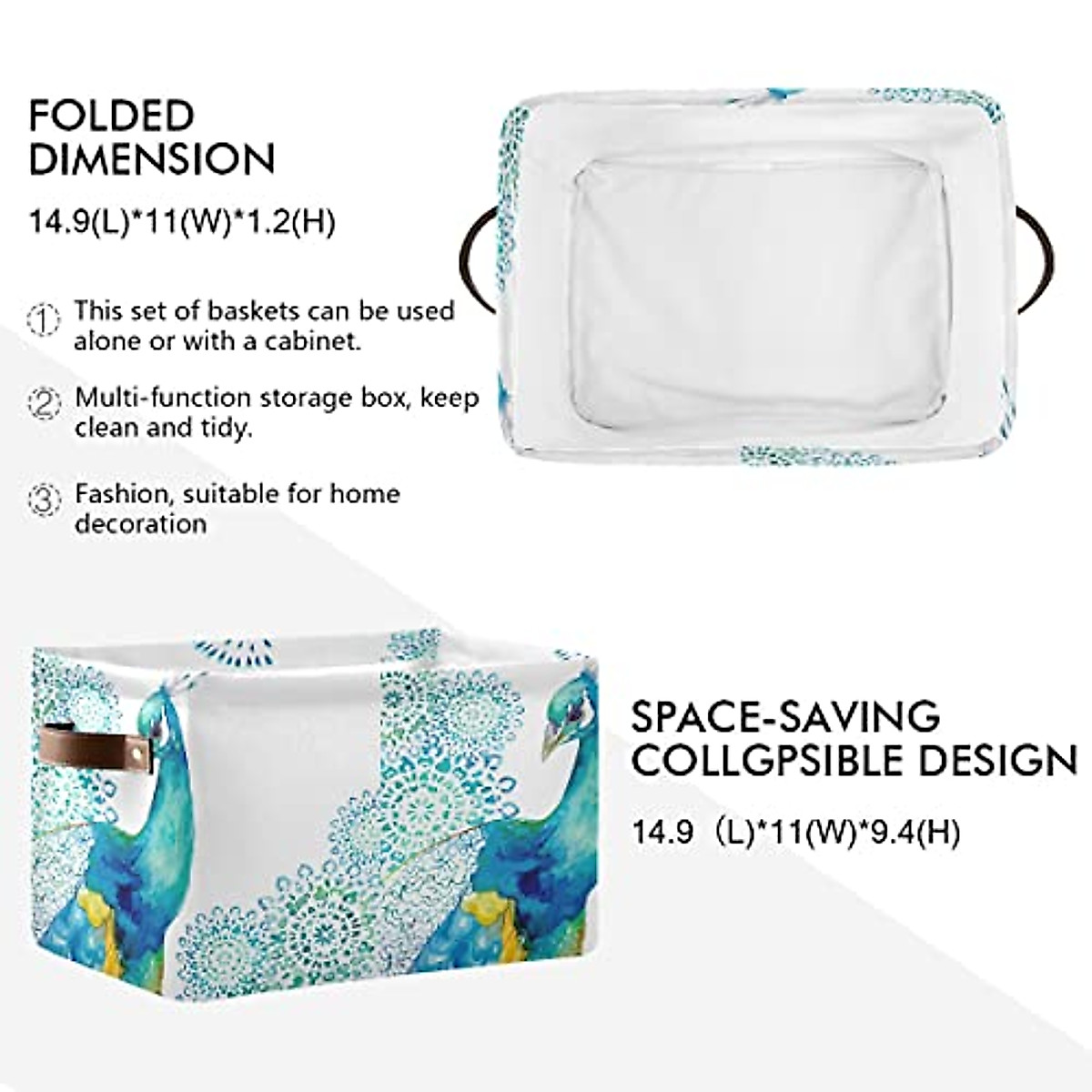 Blue Peacock Flower Square Storage Basket Storage Bins Canvas Storage Organizer Closet Shelf Organizer for Home Office, 1 Pc