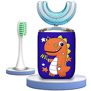 Kids Electric Toothbrush U Shape Dinosaur Ultrasonic Automatic Toothbrush with Replacement Soft Bristles Heads Six Modes 360°Oral Cleaning IPX7 Waterproof Smart Rechargeable Toothbrush (3. Orange)