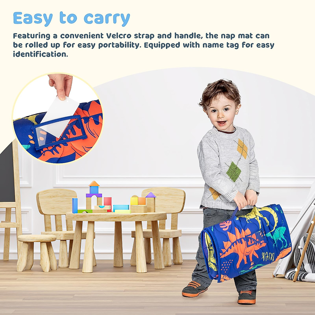 Toddler Nap Mat Extra Large 55‘’*29‘’ for 2-7 Years, Cotton Daycare Nap Mats with Removable Minky Blanket and Pillow, Boys Sleeping Mat Nap Mat for Preschool Kindergarten, Sleeping Bag Blue Dinosaur