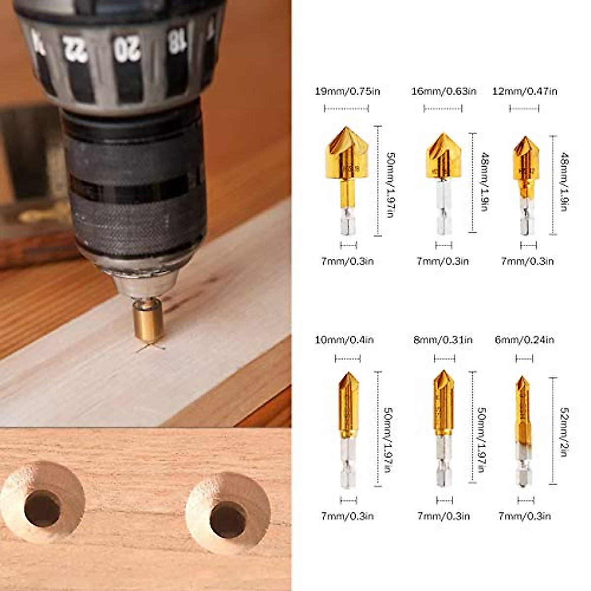 WICHEMI 26-Pack Woodworking Chamfer Drilling Tools - 6 Countersink Drill Bits, 7 Three Pointed Countersink Drill Bit with L-Wrench, 8 Wood Plug Cutter, 3 Step Drill Bit, and Automatic Center Punch