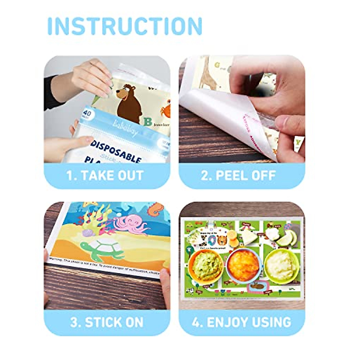Disposable Placemats for Baby - Kids Placemat That Stick on Dining Table at Restaurant, Travel Essentials for Toddlers Table Mat - Assorted 40 Pack with 3 Designs