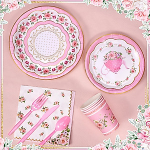 400 Pcs Tea Party Plates and Cups and Napkins Sets Flower Plates and Napkins Party Supplies Tea Party Decorations Disposable Dinnerware Set for Birthday, Baby Shower, Wedding, Bridal Shower