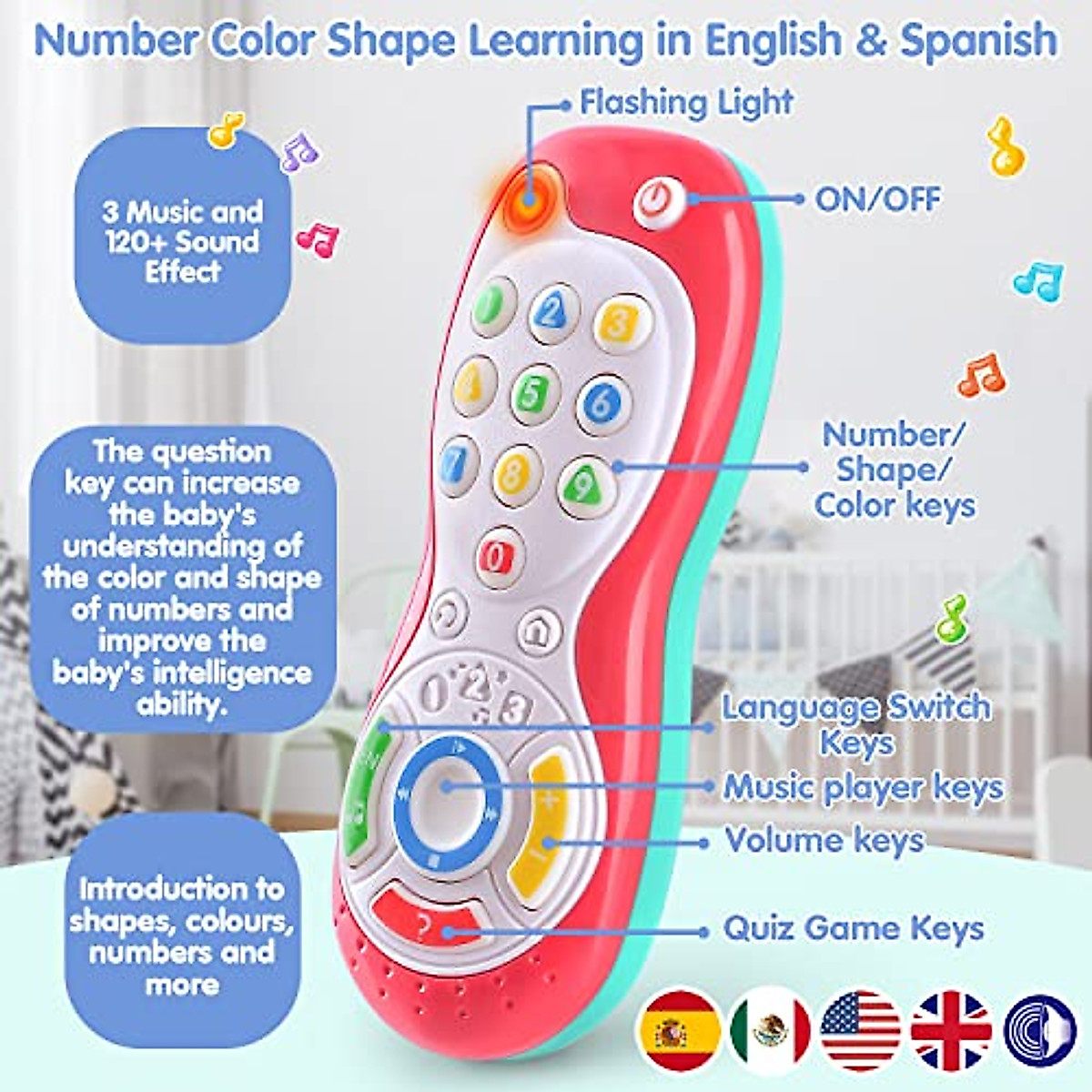 Baby Controller Toy - Bilingual Spanish & English Learning Toys, Pretend Video Game Controller & TV Remote Combo with Music and Light, Christmas Birthday Gift for Infants Toddlers 12+ Months