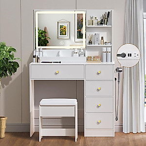 Zvivofla Vanity Desk with Mirror and Lights, Makeup Vanity Table Set with Charging Station & 5 Drawers, Bedroom Dressing Set with Chair for Girls Women, 3 Lighting Colors, White