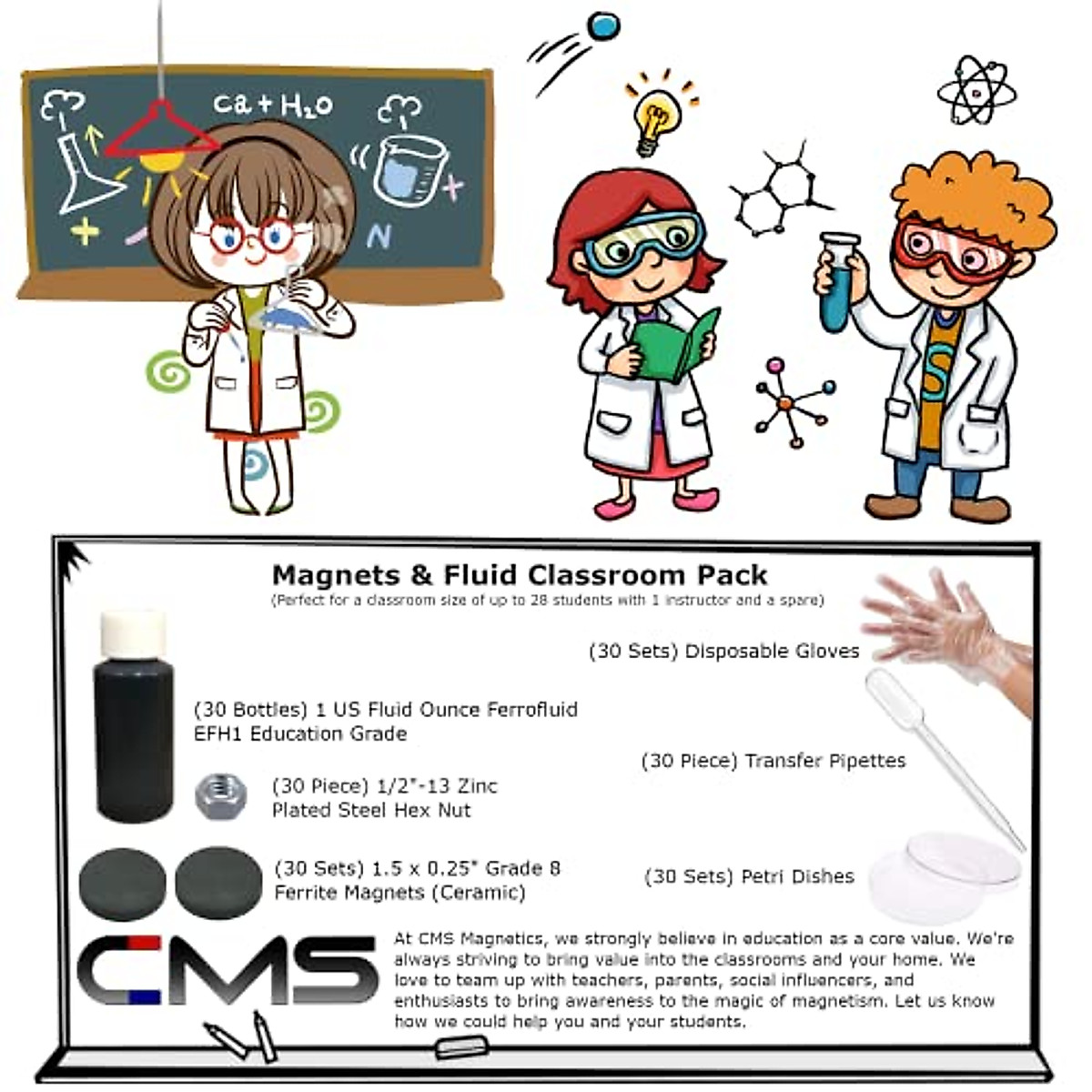 CMS MAGNETICS - (1oz Kit with Magnets) Ferrofluid Science Project for Education in Magnetism - Includes: 1 Fluid Ounce (29.5mL) Bottle of Ferrofluid, Gloves, Pipette, Petri Dishes, Magnets, Steel Nut