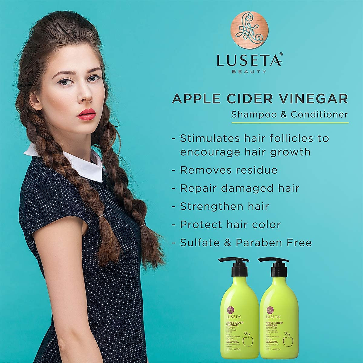 Luseta Apple Cider Vinegar Shampoo and Conditioner for Hair Loss,Clarifying, Dandruff - Sulfate Free, for Damaged and Oily Hair Types, Men and Women - 2 x 16.9oz