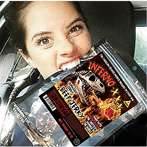 JURASSIC JERKY’S INFERNO - XXX HOT Beef Jerky * Every 1.5 oz bag includes (1) Carolina Reaper Pepper the Hottest Pepper in the World! Can you handle the Heat? Take the Challenge!